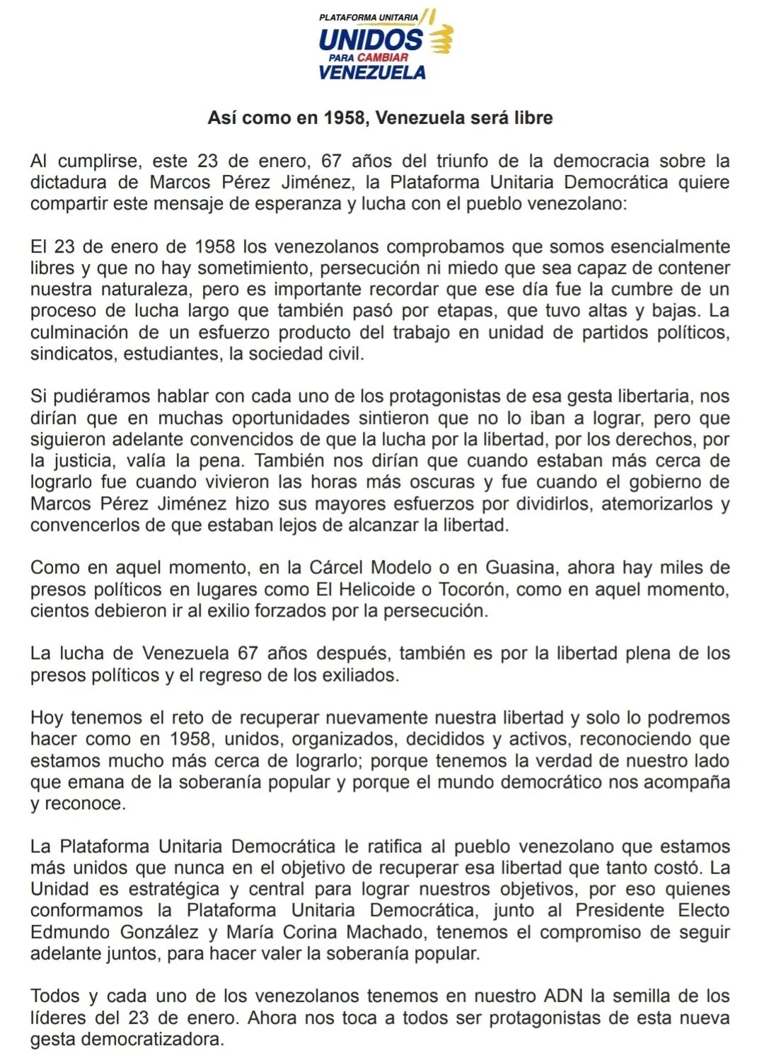 Comunicado de la Plataforma Unitaria a 67 años del derrocamiento de la ...